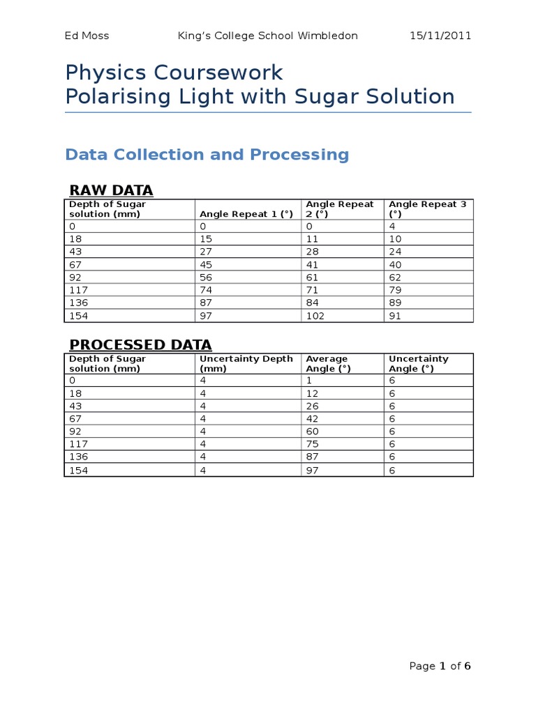 Sugar Solution Polarization Analysis | PDF | Uncertainty ...