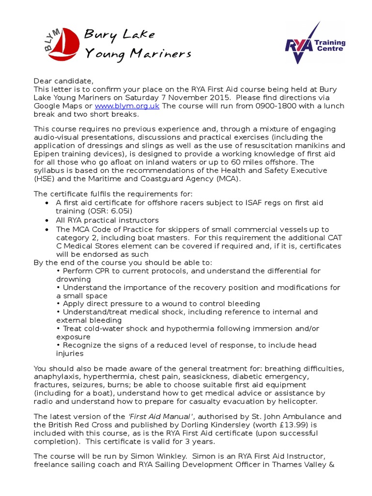 Letter RYA First Aid BLYM 7 November 2015 | PDF | First Aid | Hypothermia
