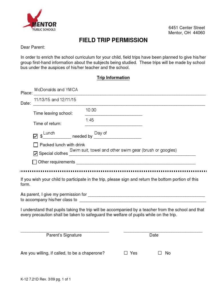 K-12 Field Trip Permission Form | PDF