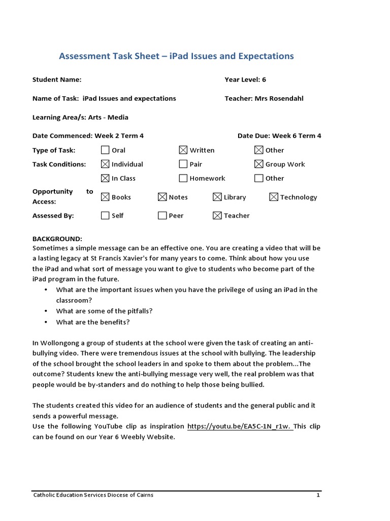 Ipad Rules Assessment Task Sheet Year 6 2015 | PDF | Composition ...