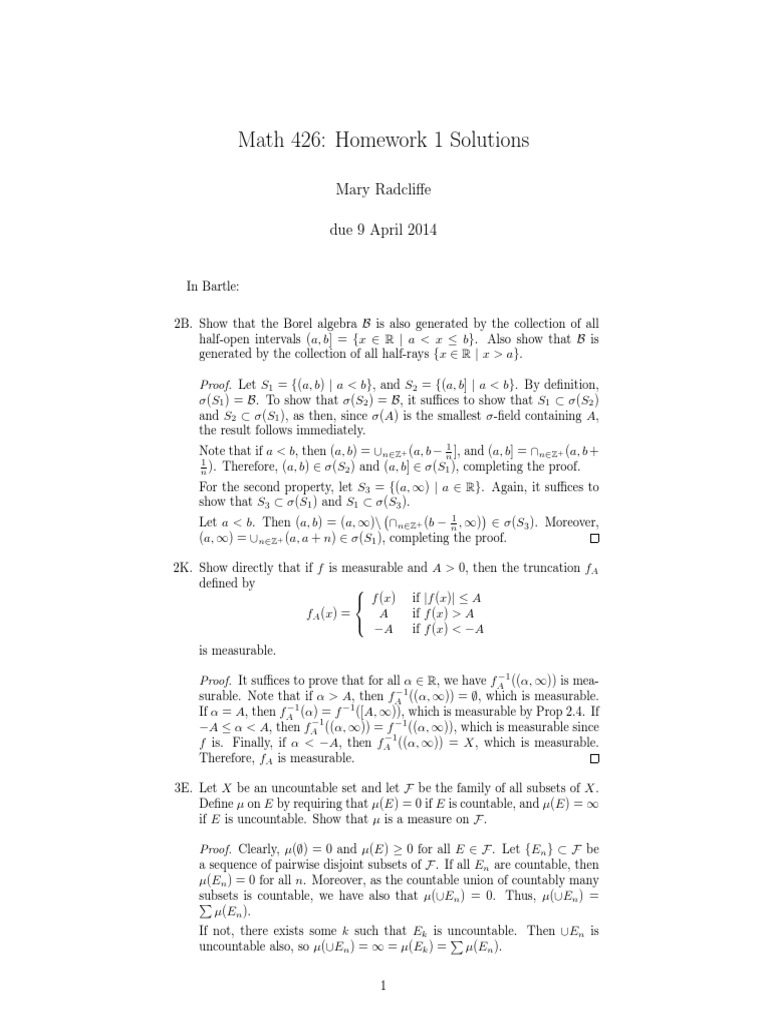 Homework 1 Solutions | PDF | Measure (Mathematics) | Infinity