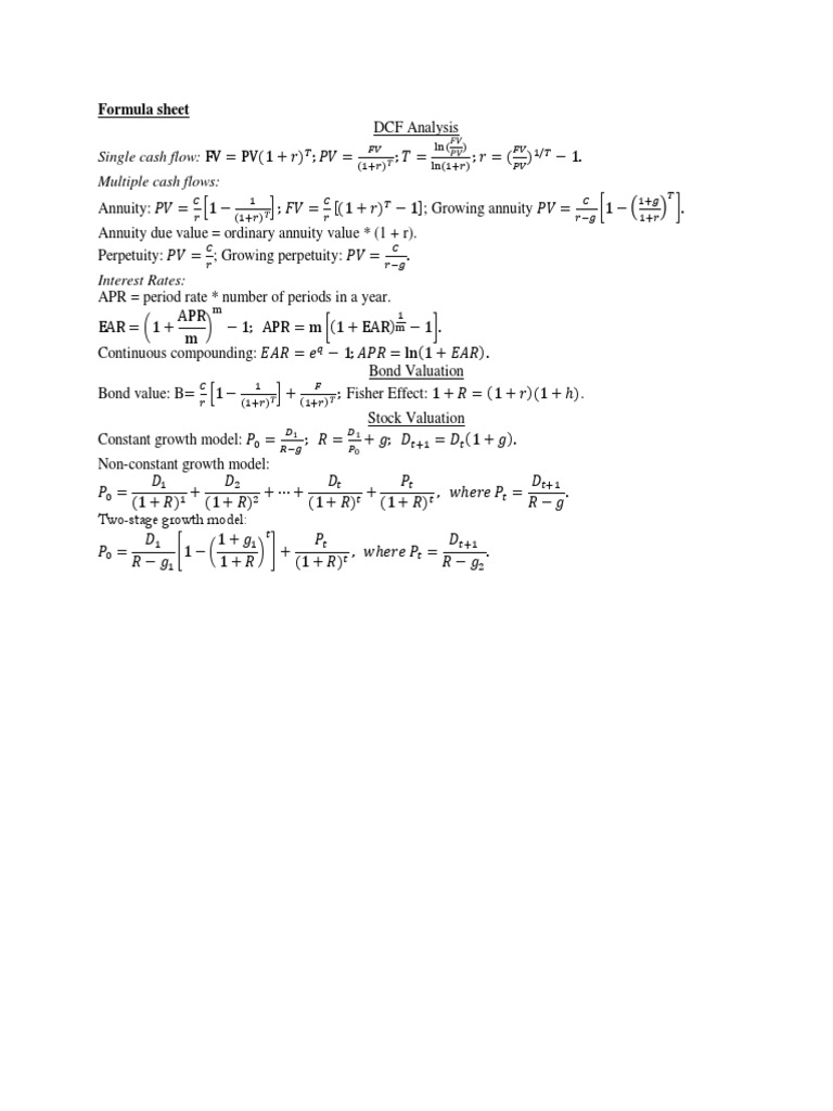 Financial Valuation Formula Sheet | PDF