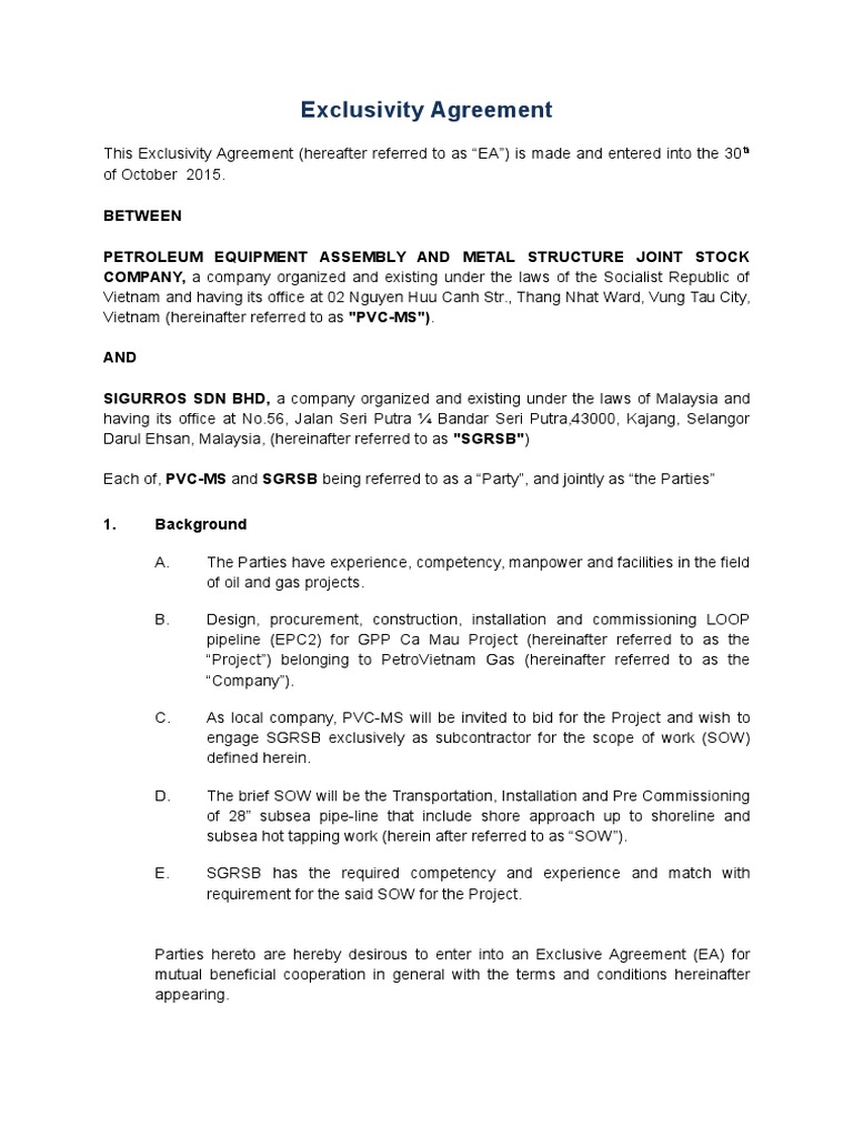 Exclusivity Agreement PVC - MS SGRSB | PDF | Business Law | Public Law