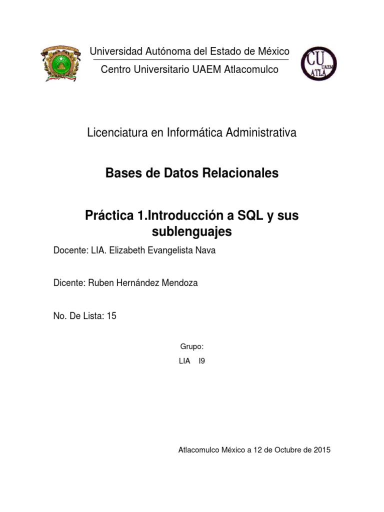 Práctica #1. Introducción A SQL y Sublenguajes | PDF | SQL | Tabla ...