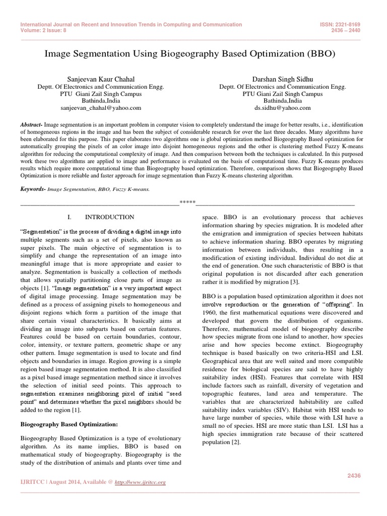 Image Segmentation Using Biogeography Based Optimization | PDF | Image Segmentation | Cluster ...