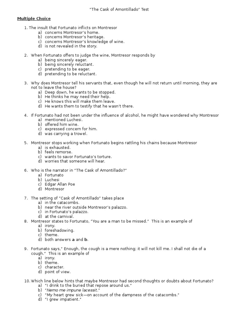 Literature Quiz: The Cask of Amontillado | PDF