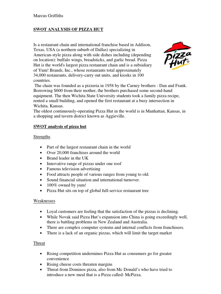 SWOT Analysis of Pizza Hut | PDF | Pizza | Franchising