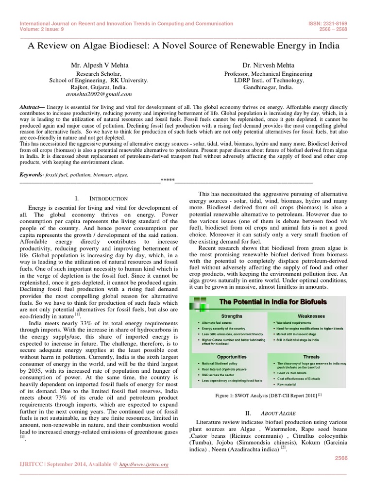 A Review On Algae Biodiesel A Novel Source Of Renewable Energy In India