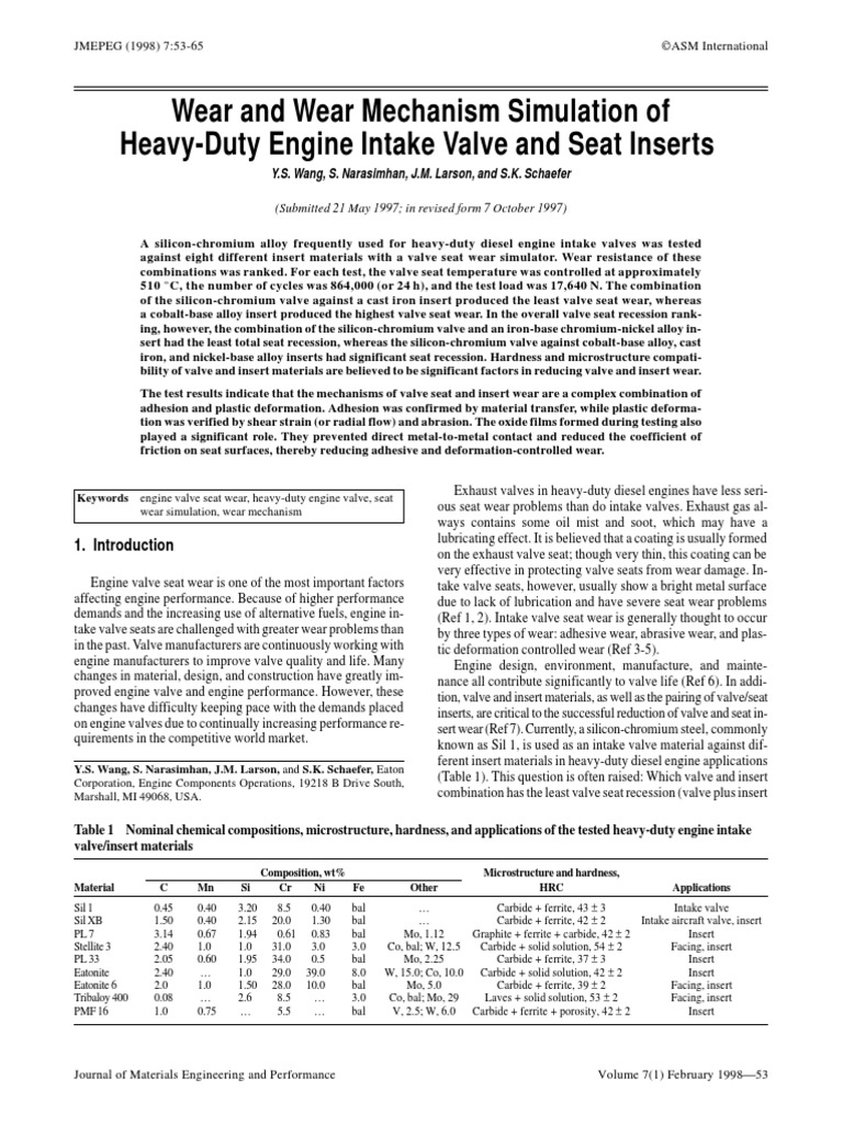 Wear and Wear Mechanism Simulation of Heavy-Duty Engine Intake Valve ...