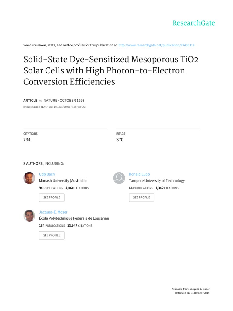 1998 Nature Solid State DSSC | PDF | Solar Cell | Absorption Spectroscopy