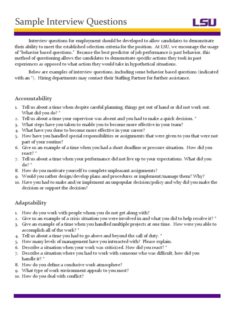 Sample Interview Questions: Accountability | PDF | Leadership | Motivation