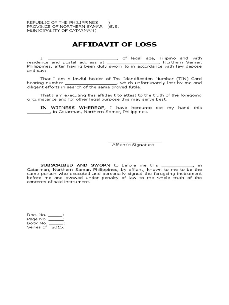 Affidavit of Loss Format Tin | PDF
