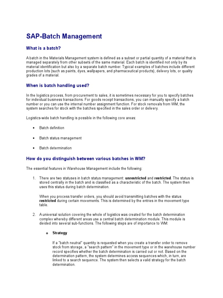 SAP-Batch Management: What Is A Batch? | PDF | Logistics | Warehouse