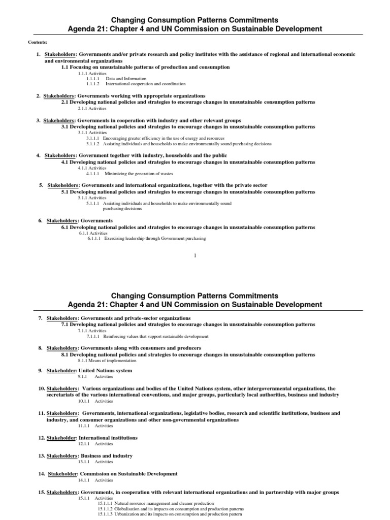 Changing Consumption Patterns Commitments Agenda 21: Chapter 4 and UN ...