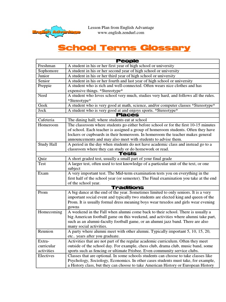 School Terms Glossary: People | PDF | Prom | Test (Assessment)