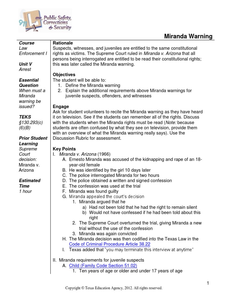 05 Miranda Warning | PDF | Miranda Warning | Miranda V. Arizona