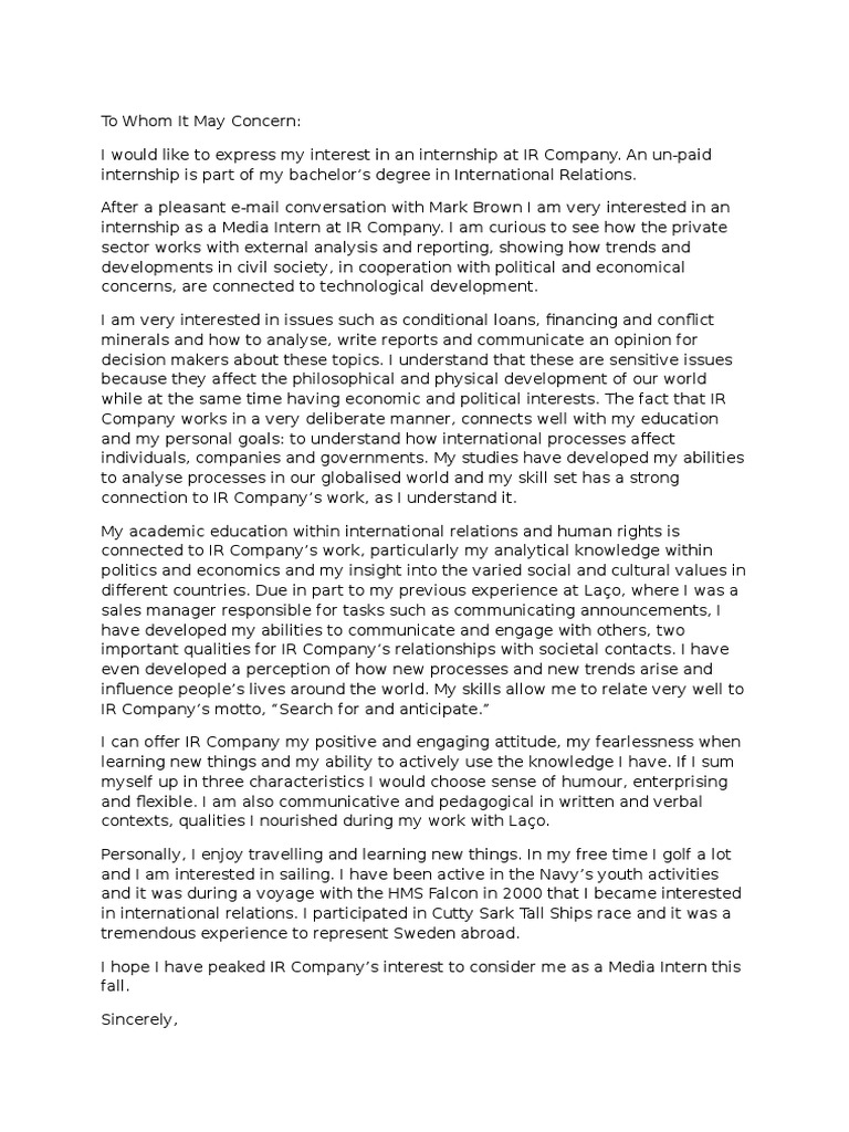 Sample Cover Letter | PDF | International Relations | Society