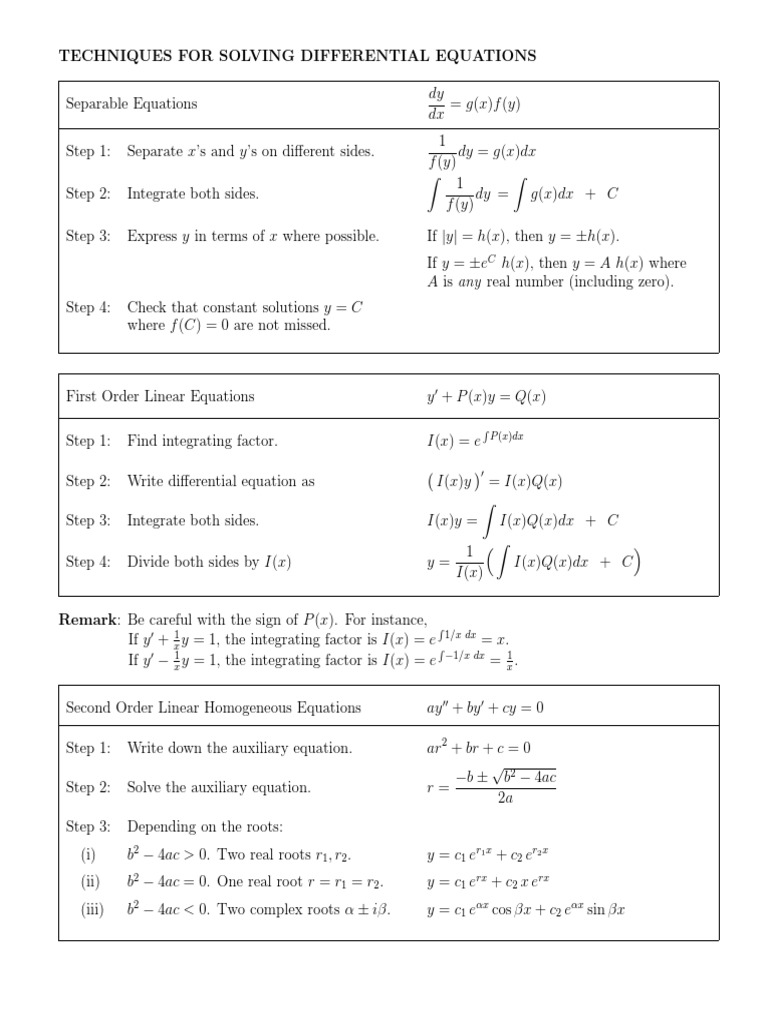 Differnetial Equation Cheat Sheet | PDF | Equations | Rates
