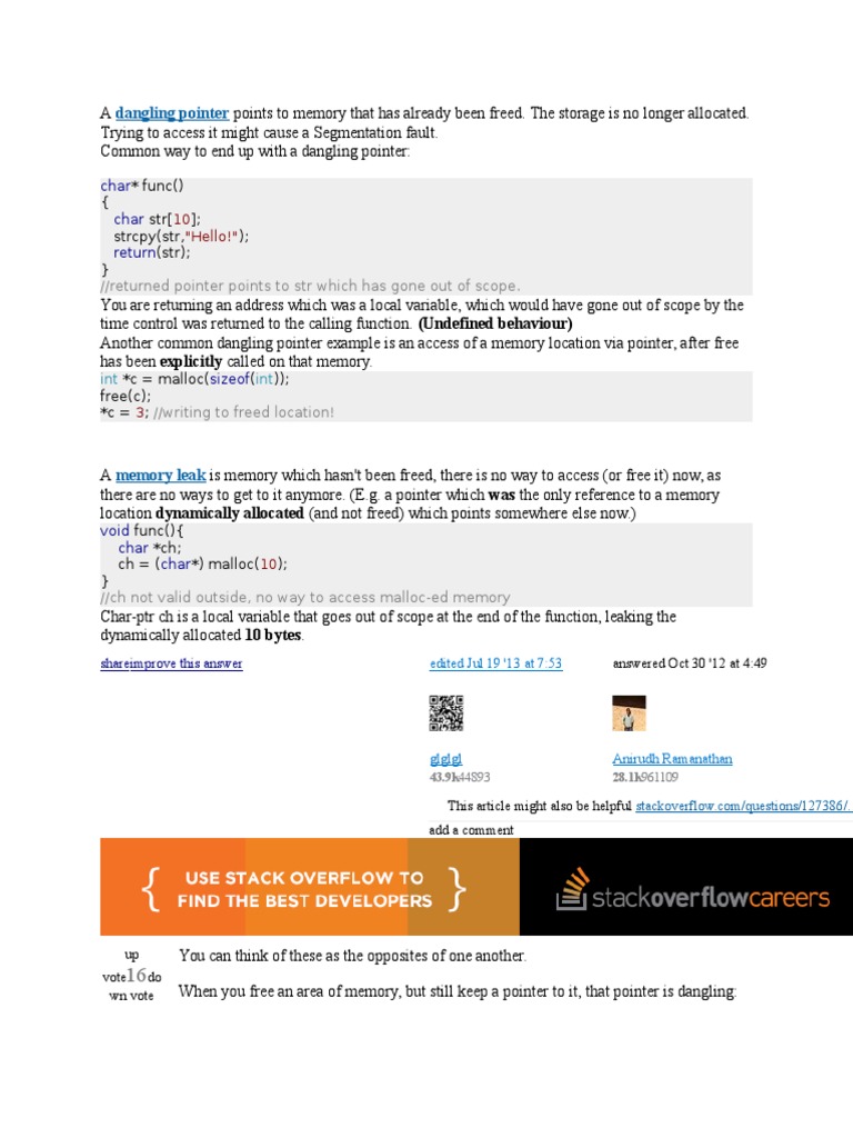Dangling Pointer Memory Leak in C | PDF | Pointer (Computer Programming) | Variable (Computer ...
