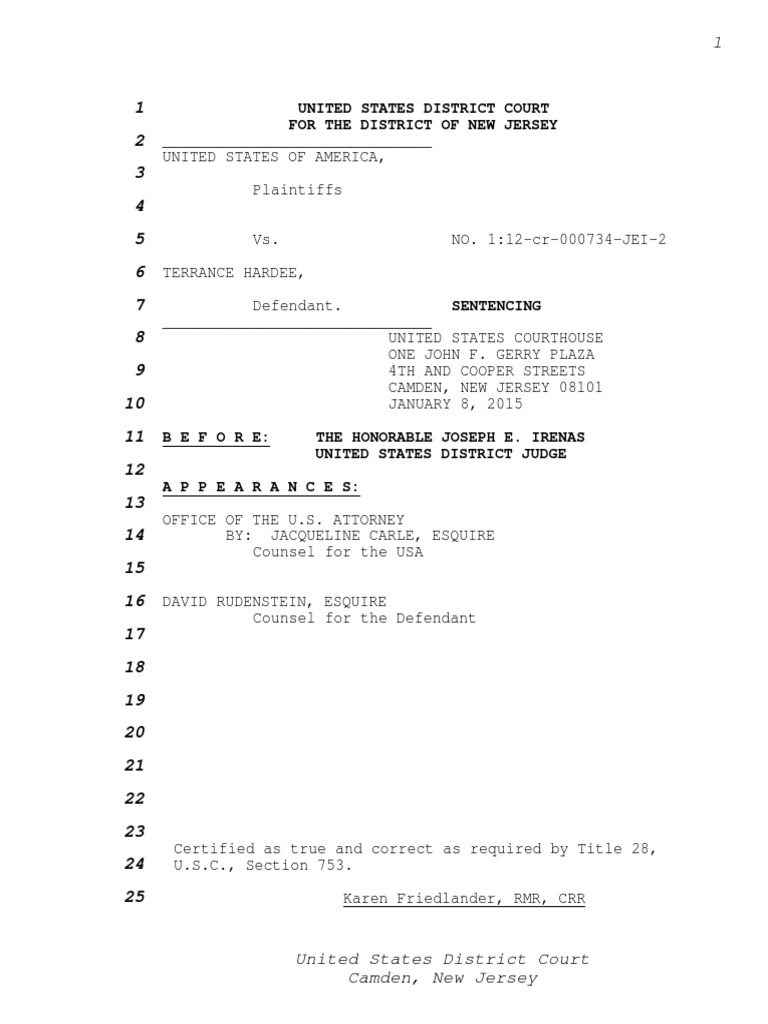 US vs. Hardee Sentencing Transcript 1/8/15 | PDF | United States ...