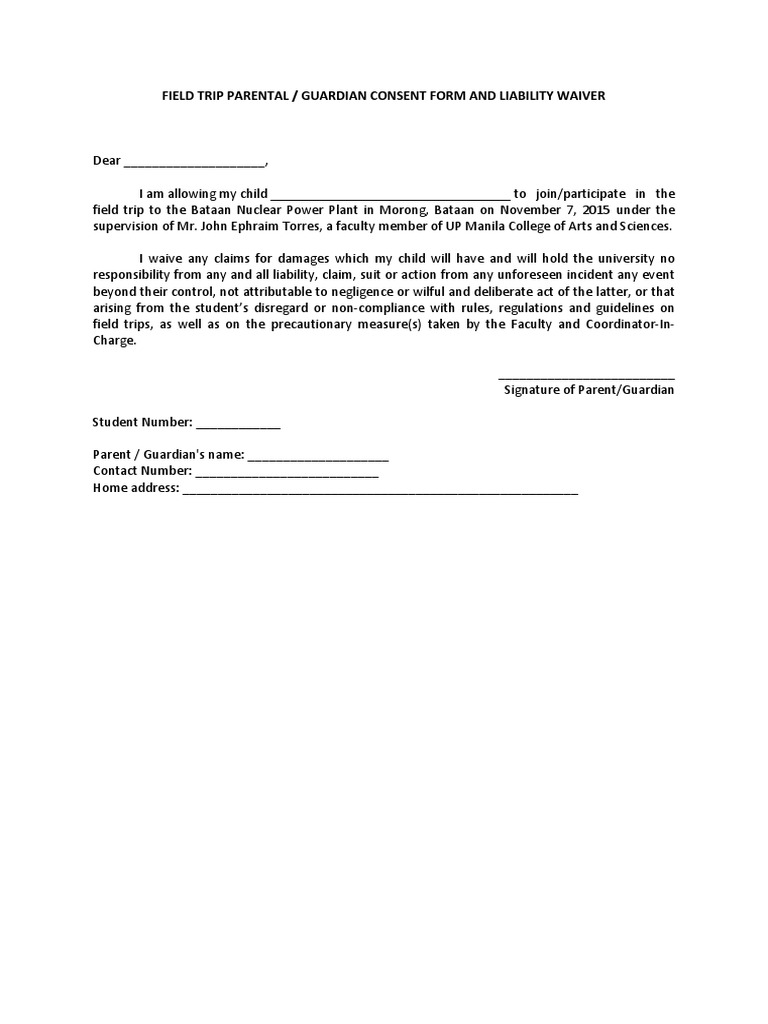 Field Trip Parental / Guardian Consent Form and Liability Waiver | PDF