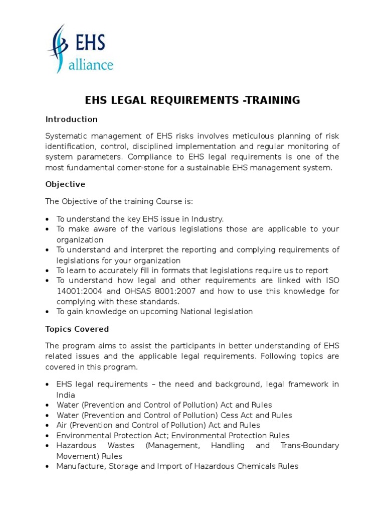 Ehs Legal Requirements Training Content | PDF | Regulatory Compliance ...
