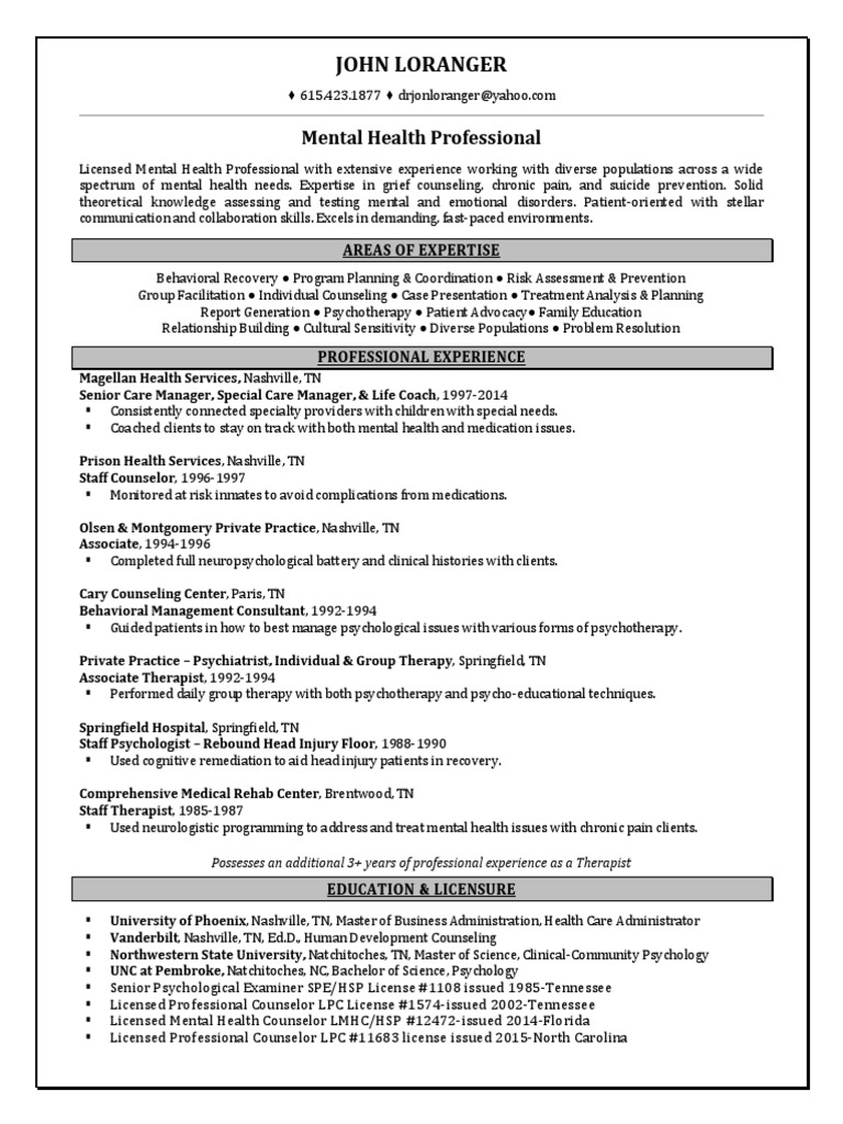 Licensed Counselor Psychotherapist LPC in Raleigh Durham NC Resume John ...