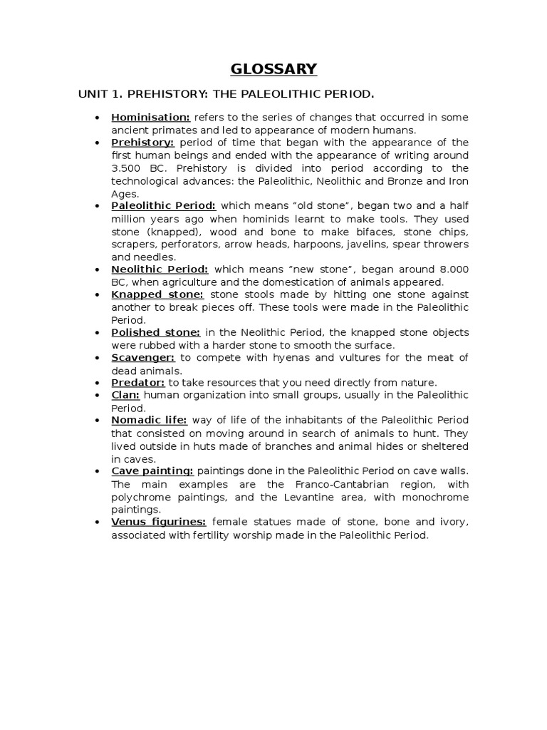 Glossary: Unit 1. Prehistory: The Paleolithic Period | PDF