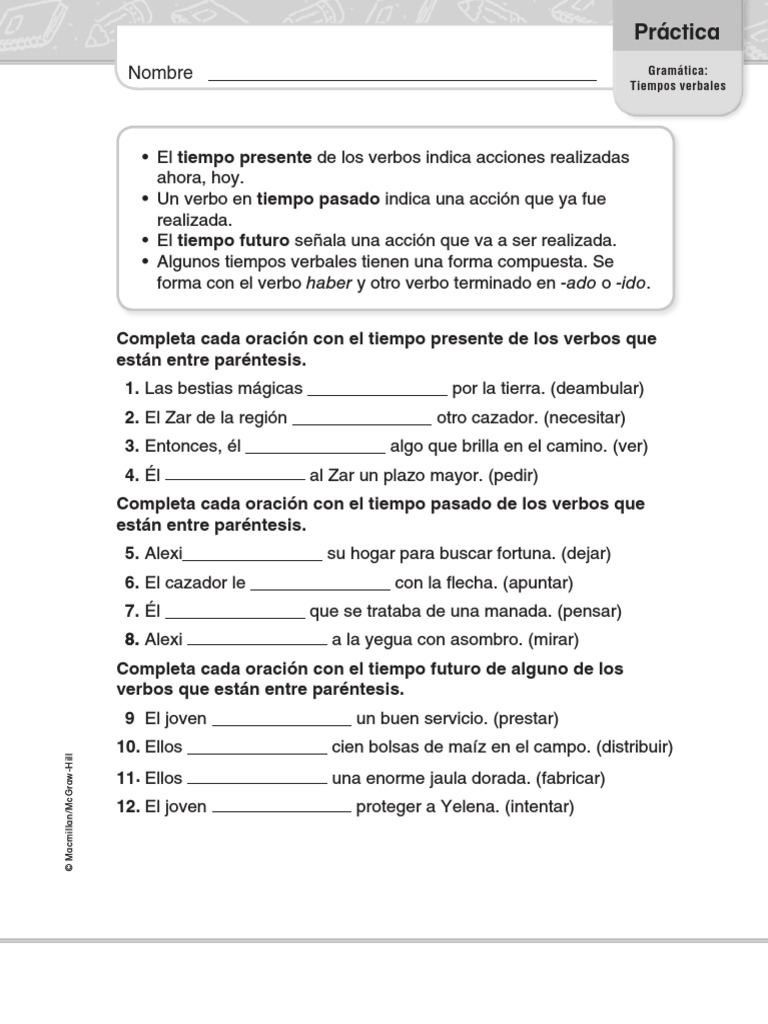 Hojas De Trabajo Sobre Los Tiempos Verbales En La Escuela Secundaria