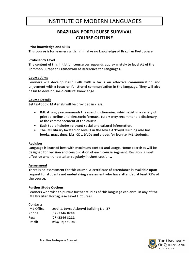 Survival Brazilian Portuguese - Course Outline | PDF | Educational ...