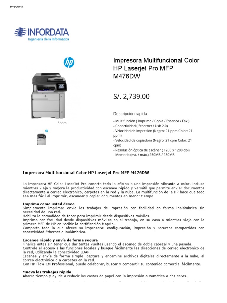 HP Laserjet Pro MFP m476dw | PDF | Impresora (Computación) | Fax