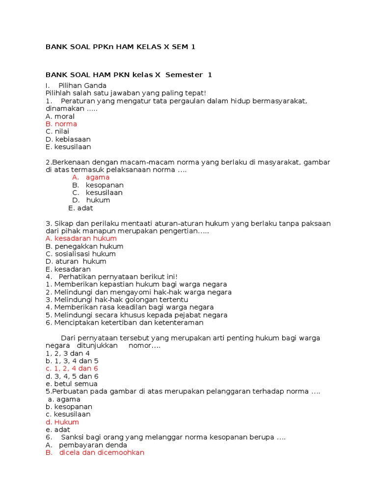 Bank Soal PPKN Ham Kelas X Sem 1 | PDF