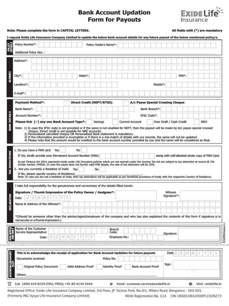 Bank Account Update Form for Exide | PDF | Payments | Cheque
