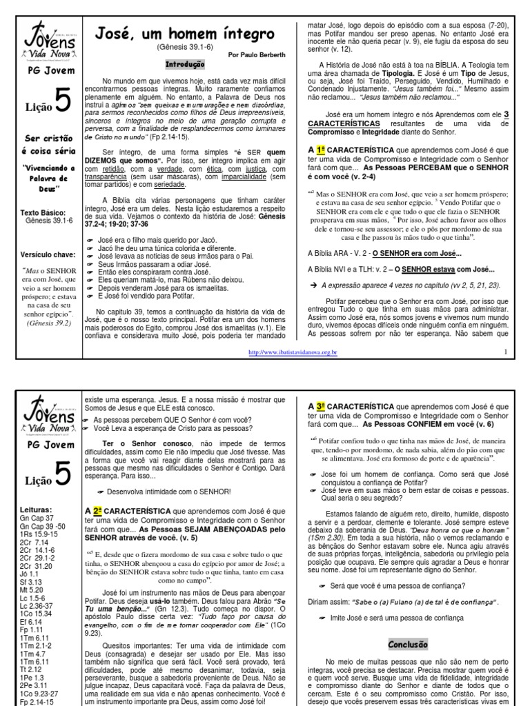Lição 5 José Um Homem Integro | PDF | Gênesis (livro) | São José