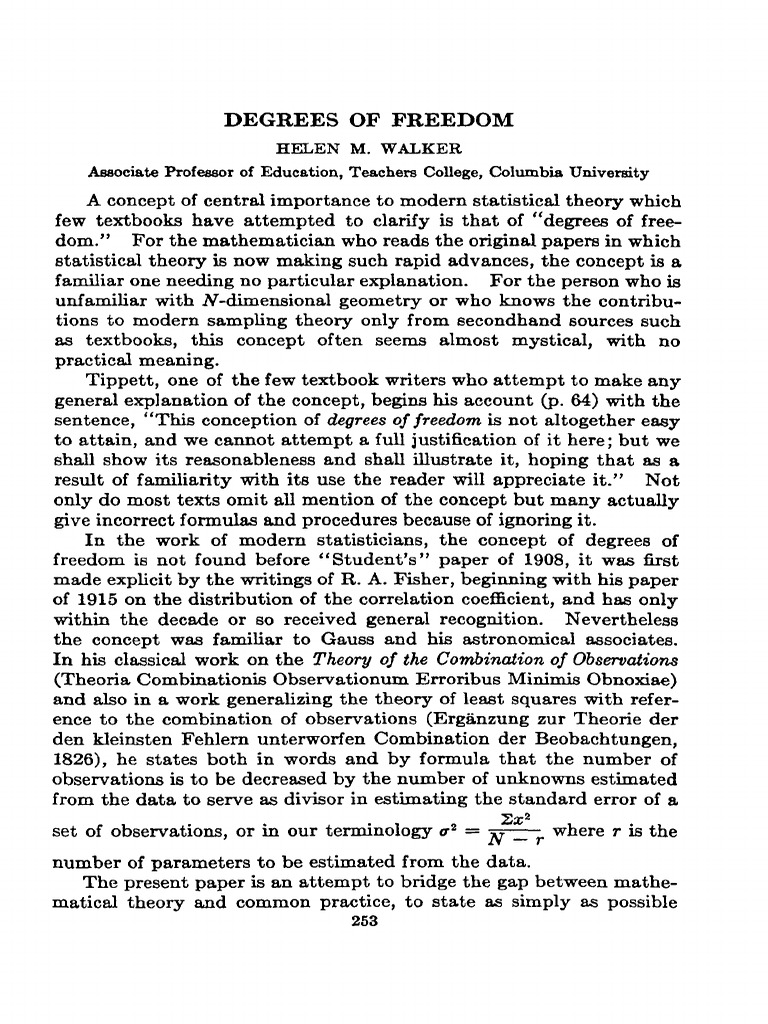 Walker 1940 | PDF | Degrees Of Freedom (Statistics) | Errors And Residuals