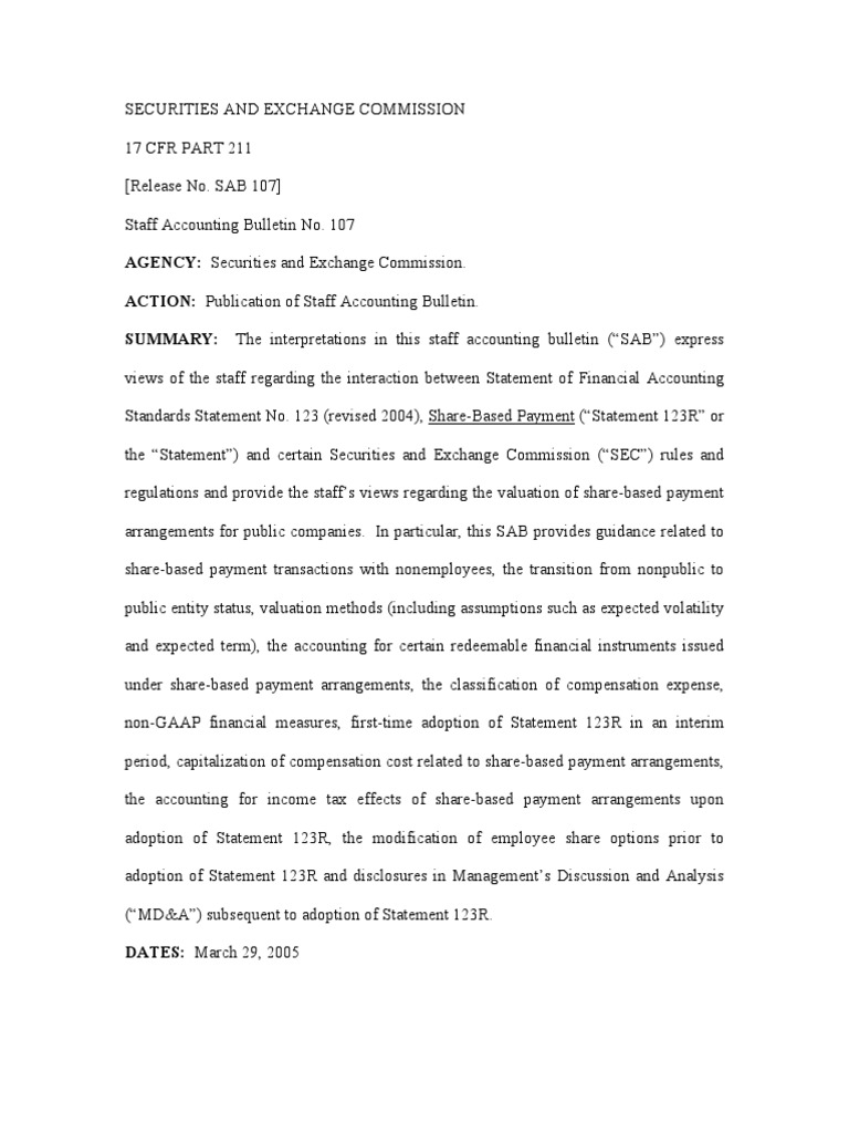 SAB 107: Guidance on Share-Based Payments | PDF | Implied Volatility ...