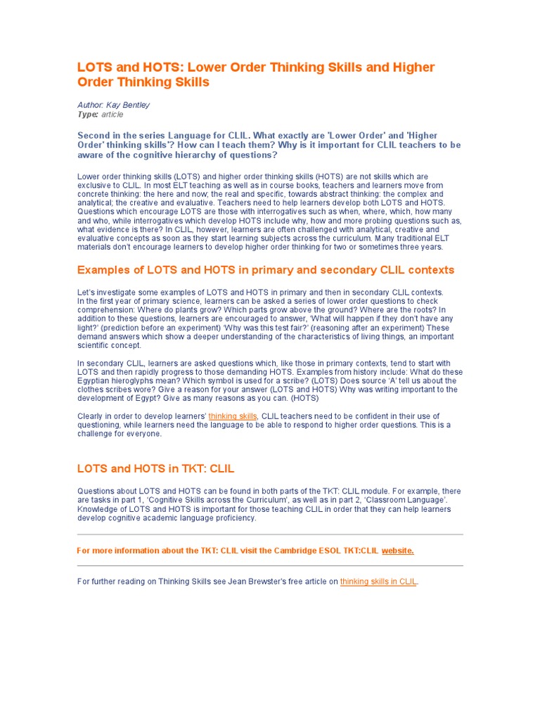 Understanding LOTS and HOTS in CLIL | PDF | Thought | Learning