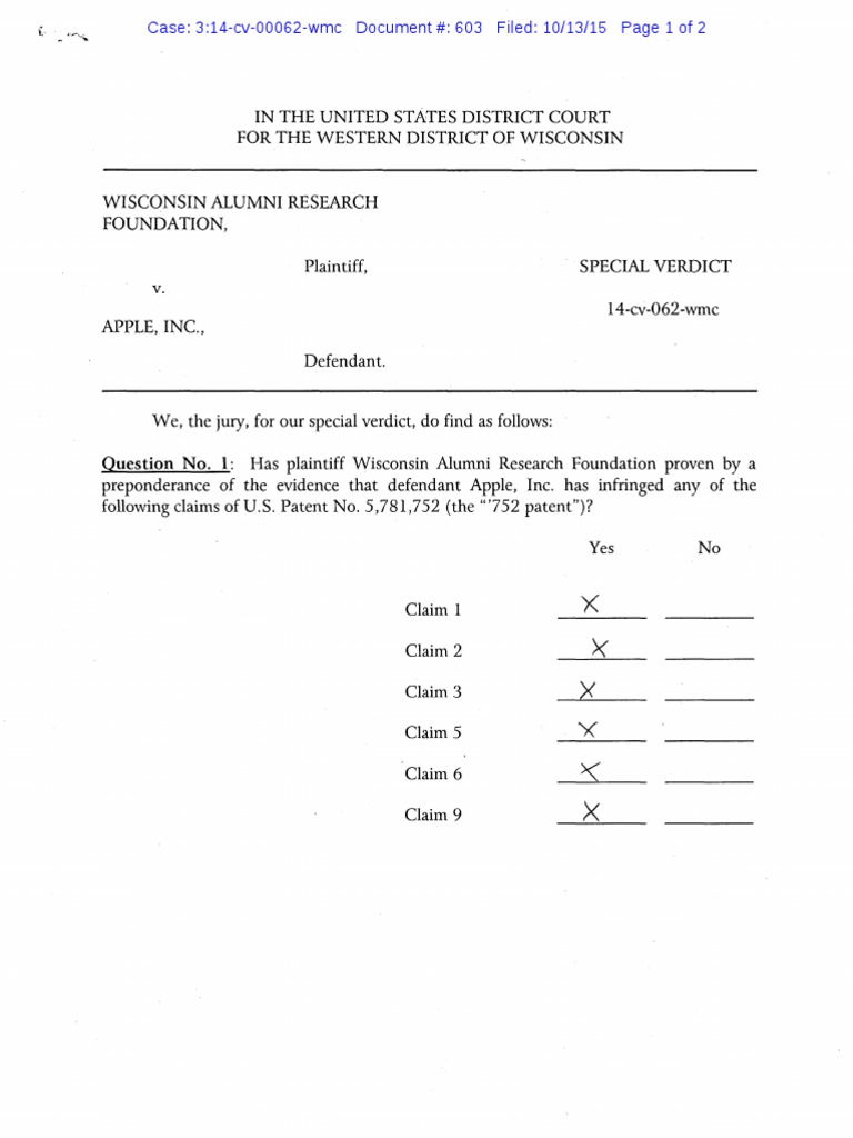 Jury Verdict Form in WARF Apple Patent Case | PDF | Law