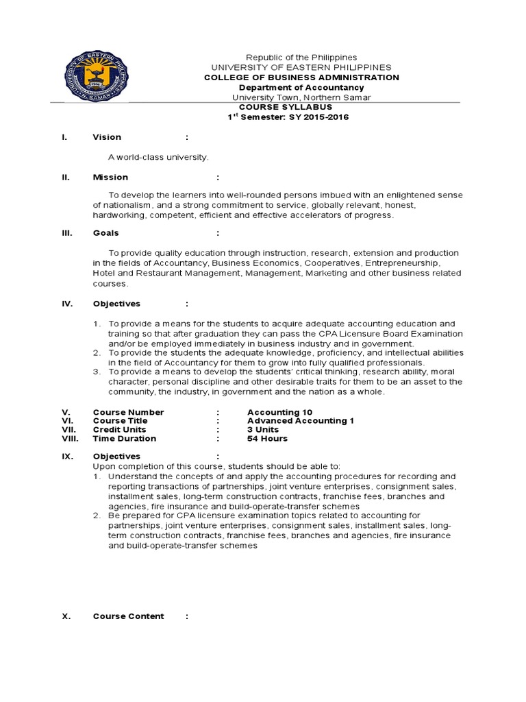 Syllabus - Advanced Accounting I | Accounting | Business | Free 30-day ...