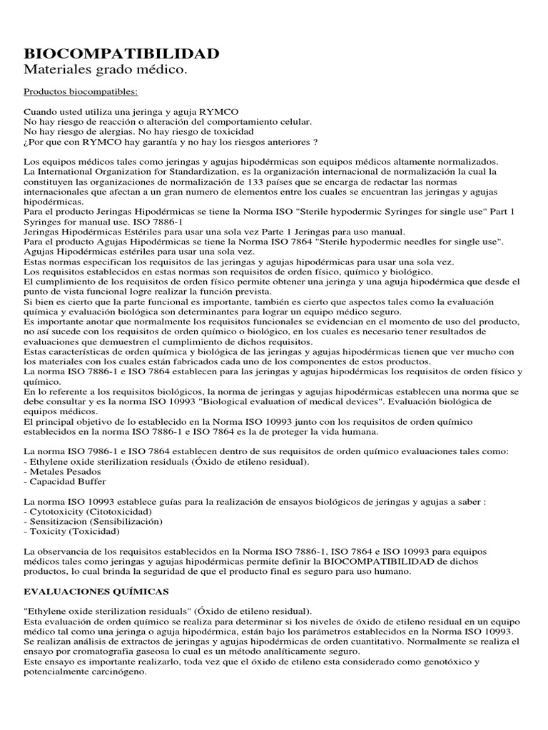 Biocompatibilidad de Jeringas RYMCO | PDF | Organización internacional ...