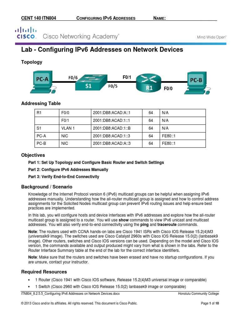 ITN804 - 8.2.5.5 - Configuring IPv6 Addresses On Network Devices | PDF | I Pv6 | Router (Computing)