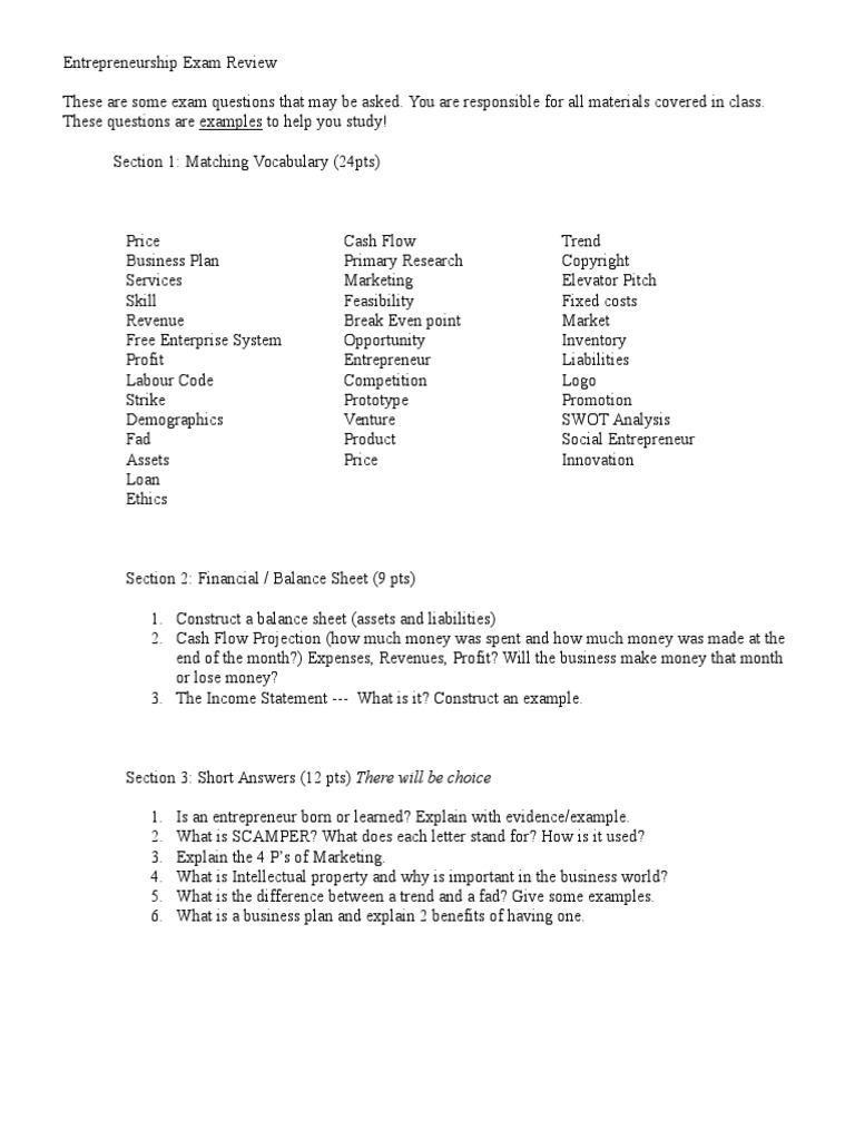 Entrepreneurship Exam Review | PDF | Business