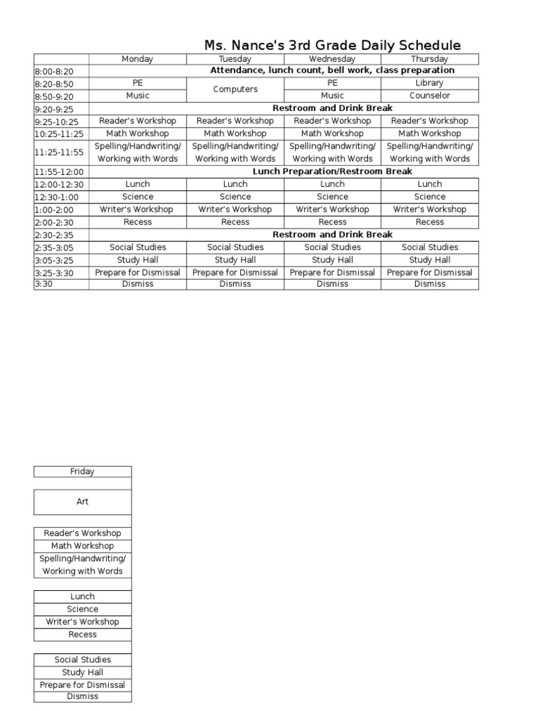 Ms. Nance's 3rd Grade Daily Schedule: Attendance, Lunch Count, Bell ...