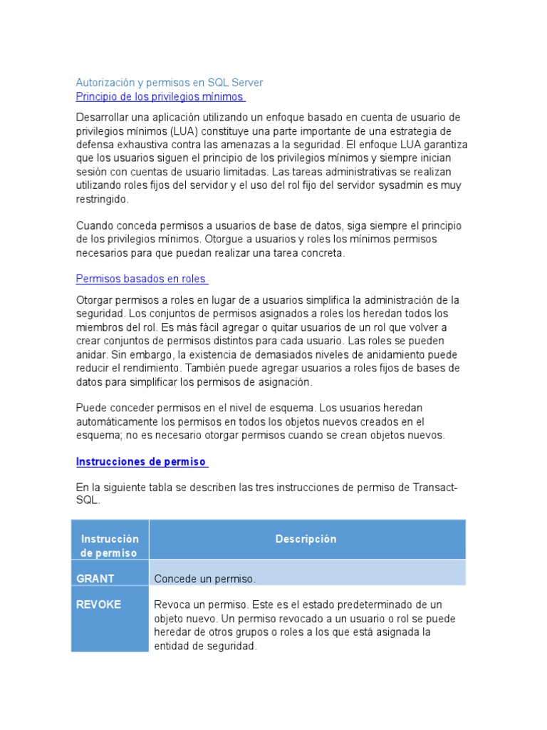 Autorización y Permisos en SQL Server | PDF | Servidor SQL de Microsoft | Apoyo