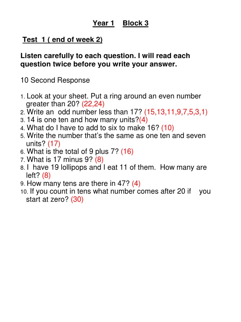 Year 1 Numeracy Assessment: Document Provides Test Questions and Answer ...
