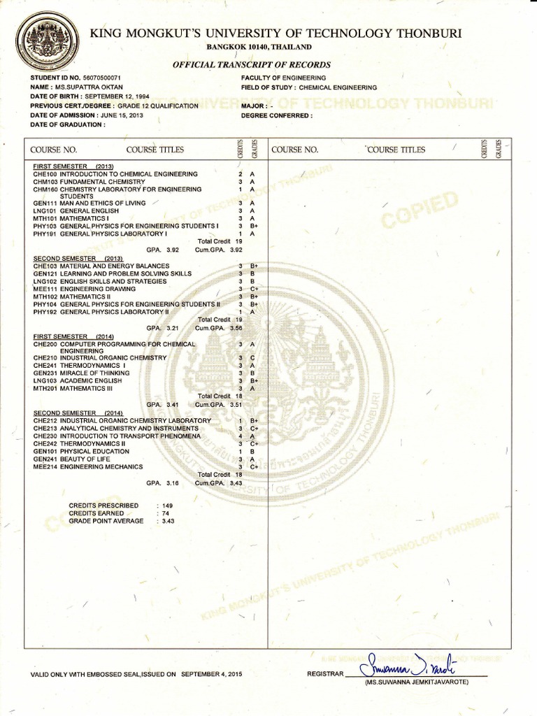 KMUTT Chemical Engineering Transcript | PDF | Chemical Engineering | Engineering