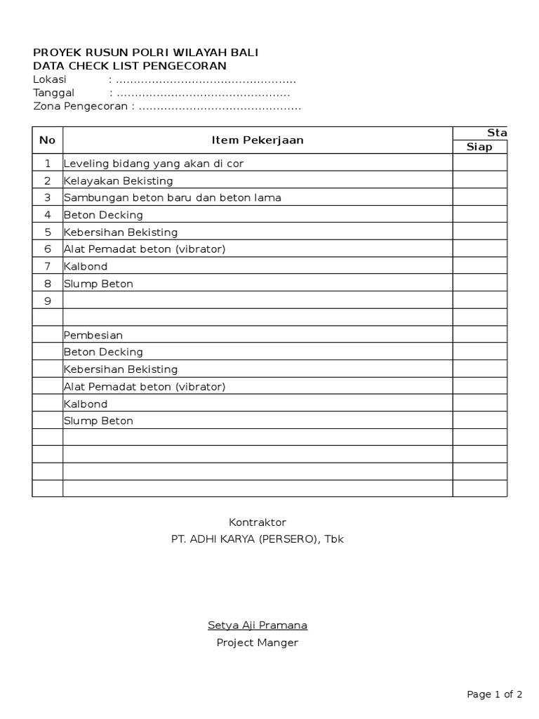 Checklist Pengecoran | PDF