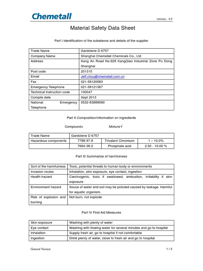 MSDS Gardolene D 6757- Chemetall.pdf | Chemistry | Materials