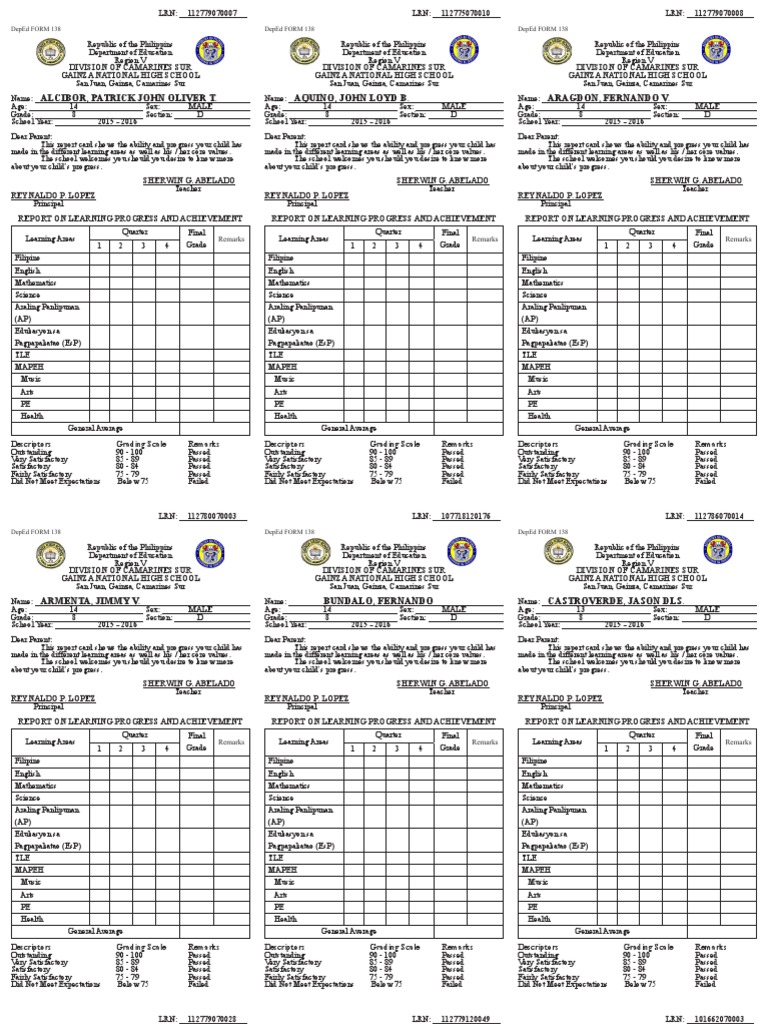 Form 138 Front | Statistics Of Education | Educational Assessment And ...