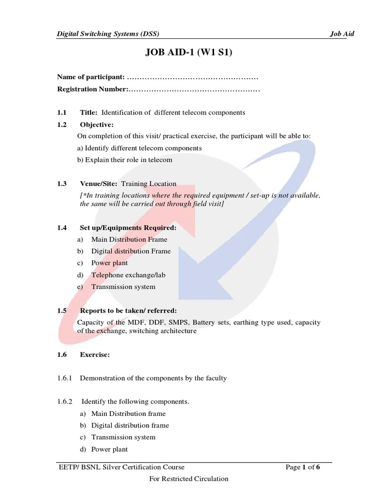 JOB AID-1 (W1 S1) : Digital Switching Systems (DSS) Job Aid Job Aid ...